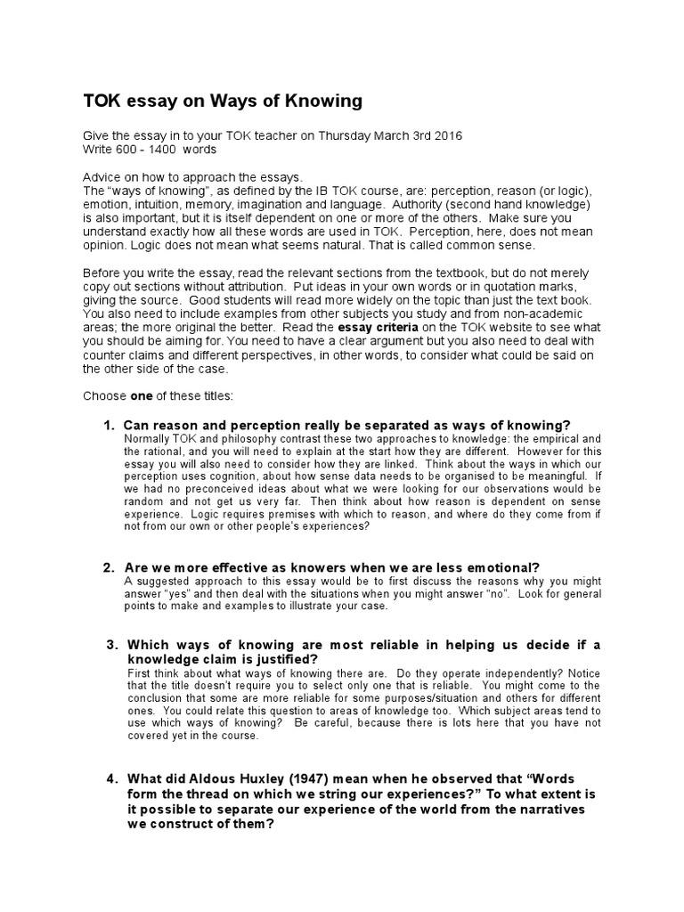 TOK Essay on Ways of Knowing (1) | Essays | Reason