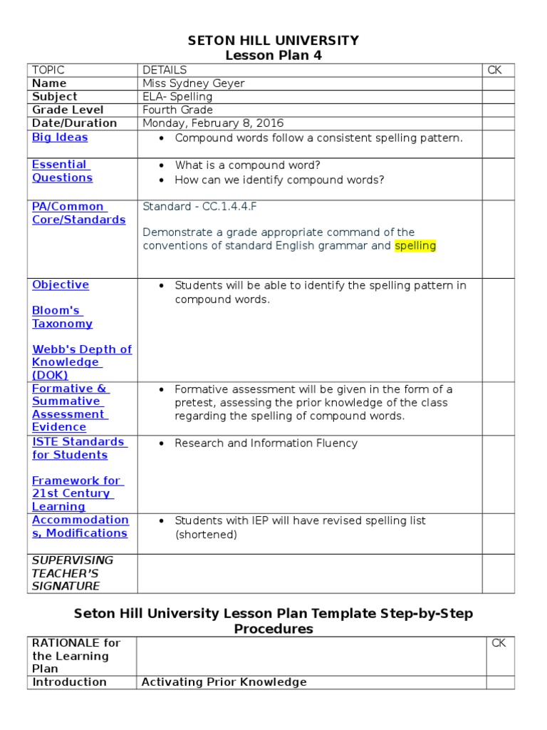 Fourth Grade ELA Compound Words Lesson Plan | PDF | Homework | Lesson Plan
