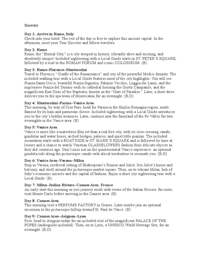 Arrive in Rome, Italy: Itinerary | PDF | Florence | Madrid