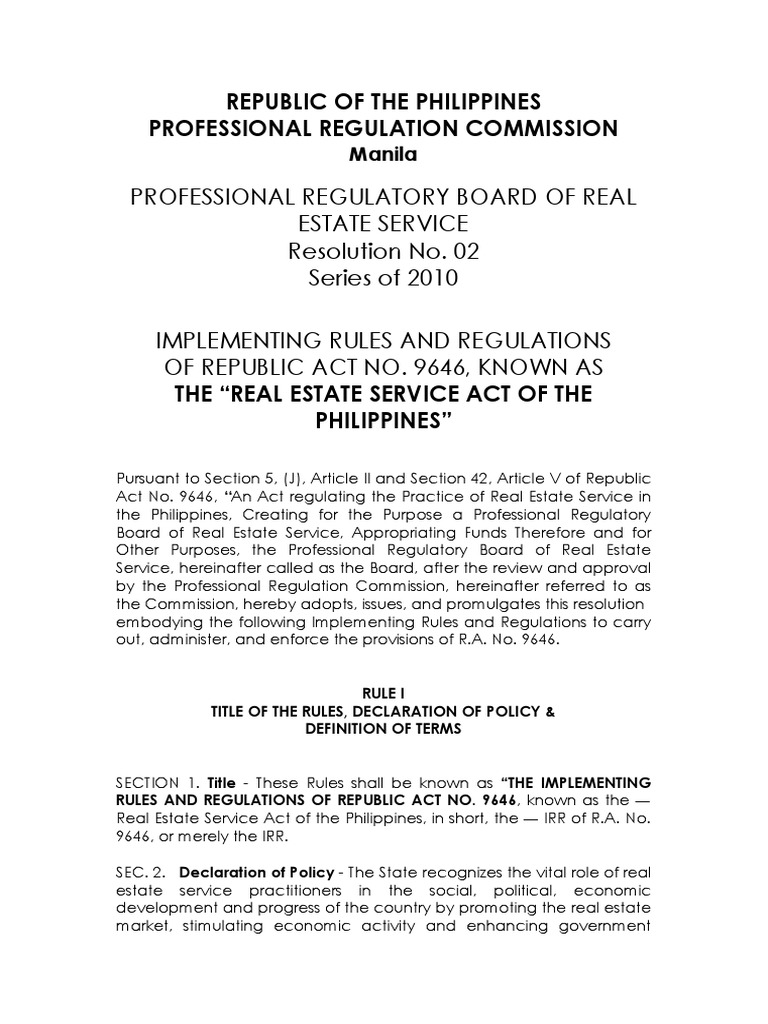 Irr Ra 9646 | PDF | Real Estate Appraisal | Licensure