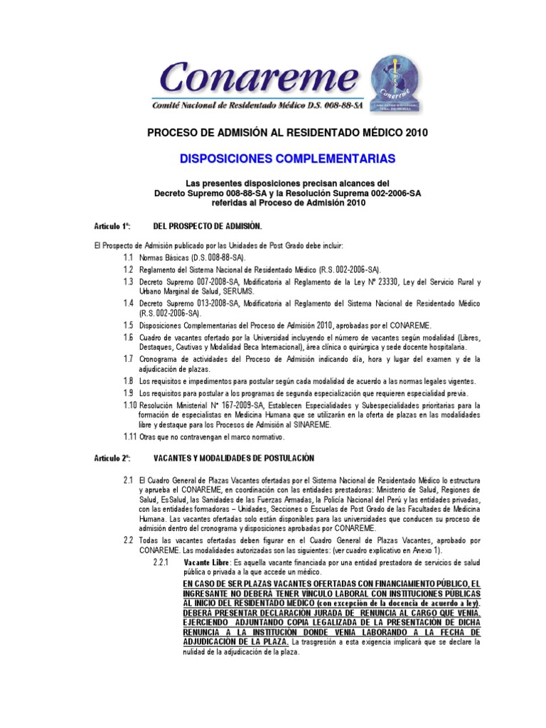 Disposiciones Complementarias 2010 | PDF | Medicina | Prueba (evaluación)