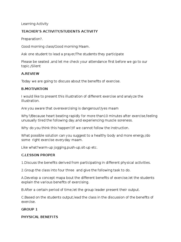 Teacher'S Activity/Students Activity | PDF | Physical Exercise ...