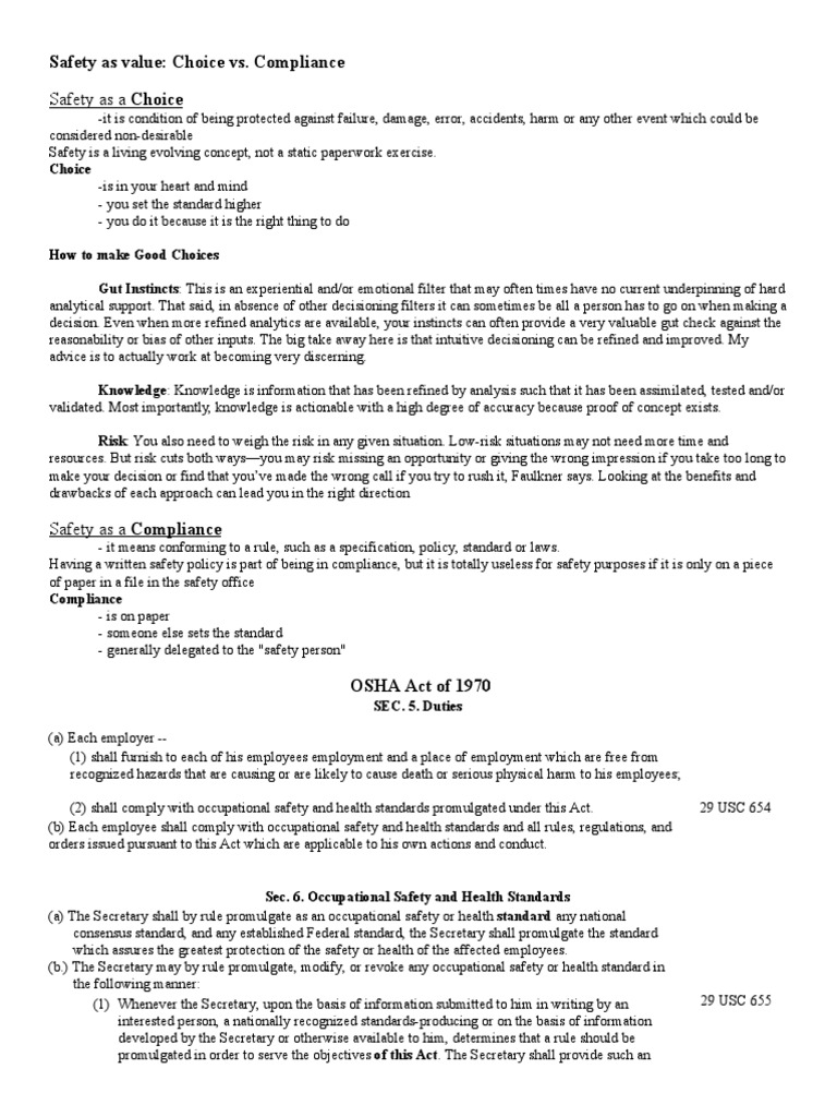 Safety: Value of Choice vs. Compliance | PDF | Occupational Safety And ...