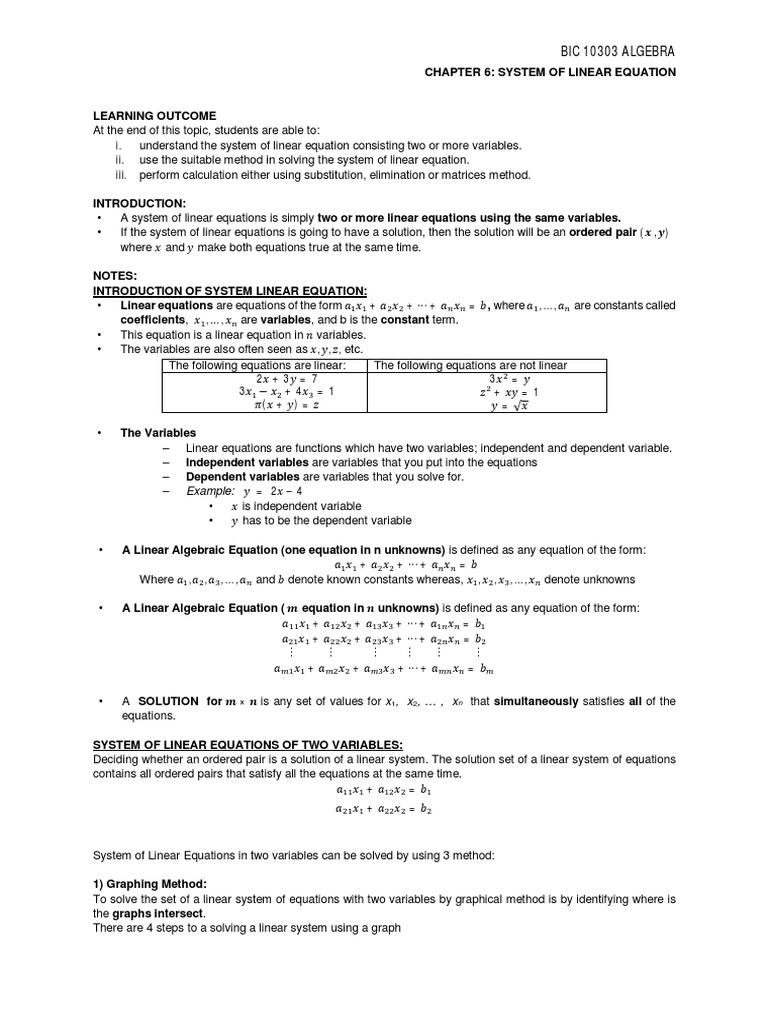 Chapter 6 System of Linear Equation - Student | PDF | Equations ...
