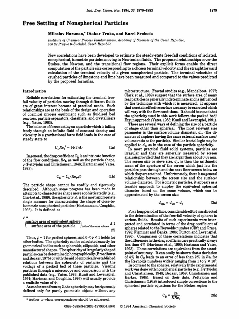 Free Settling of Nonspherical Particles | PDF | Reynolds Number | Viscosity