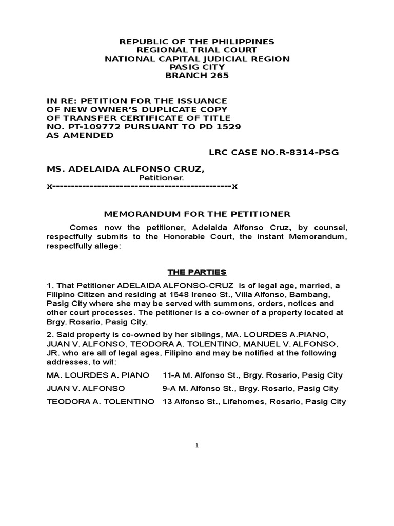 Memorandum For Petitioner Sample | PDF | Deed | Public Law