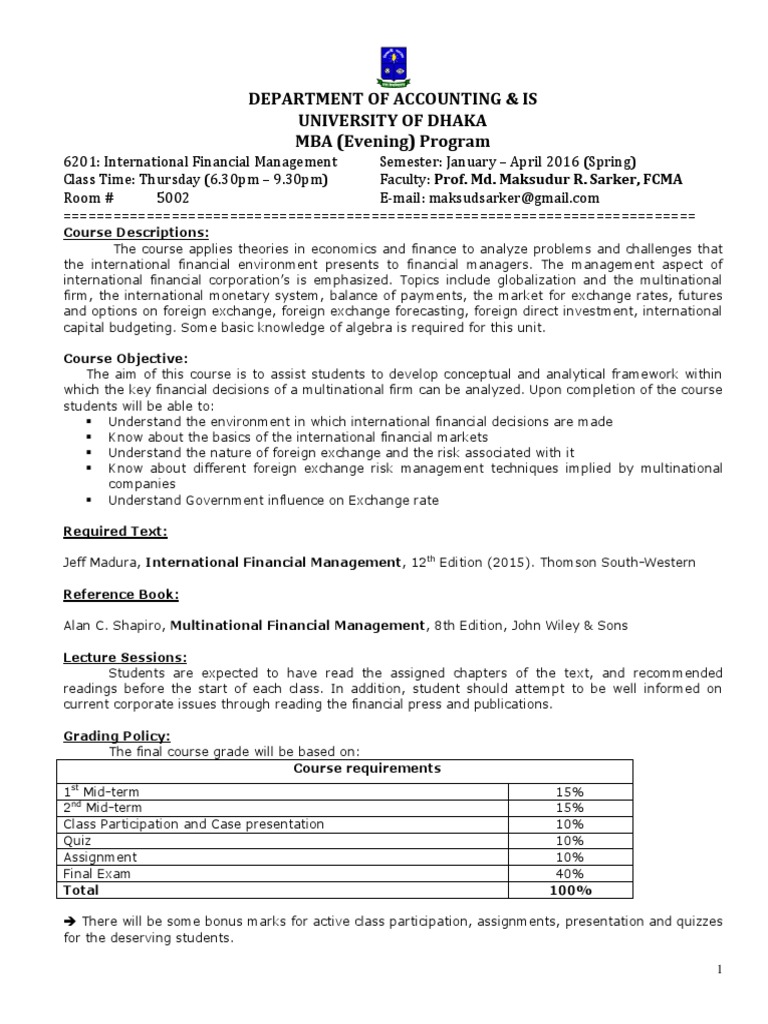 IFM Course Outline EMBA | PDF | Exchange Rate | Test (Assessment)