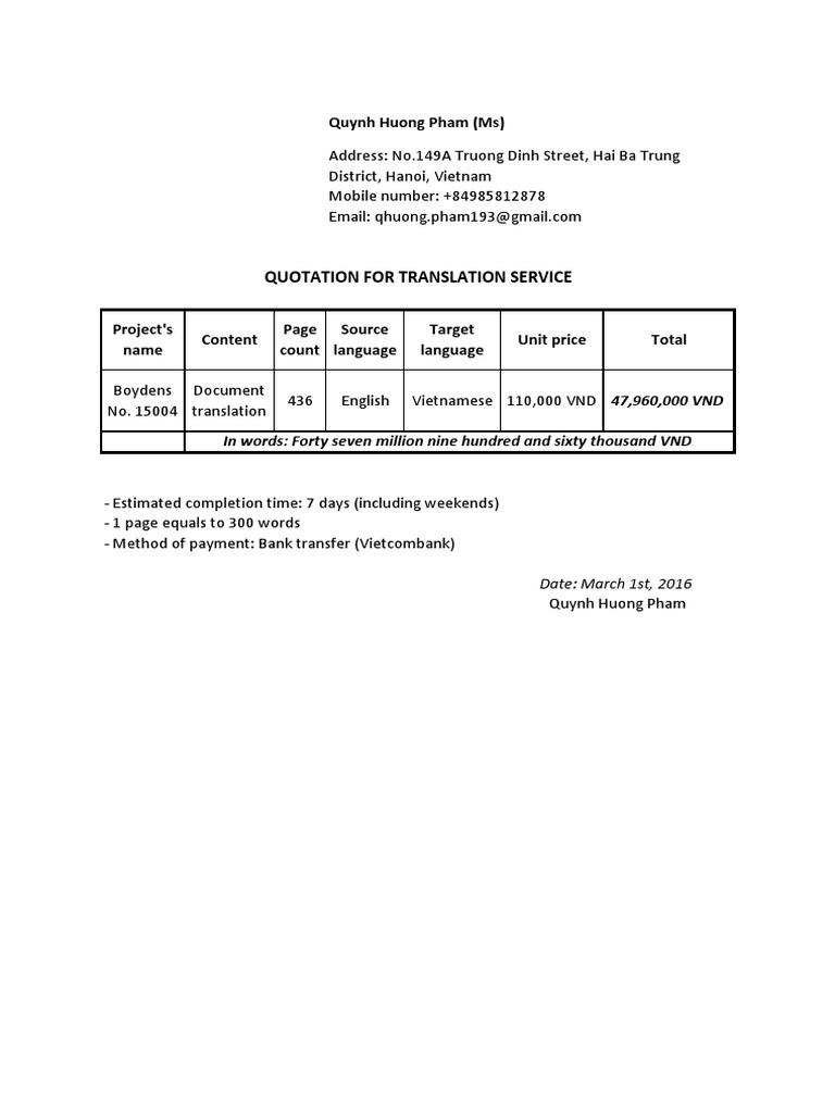 Translation Services Quotation Sample | PDF
