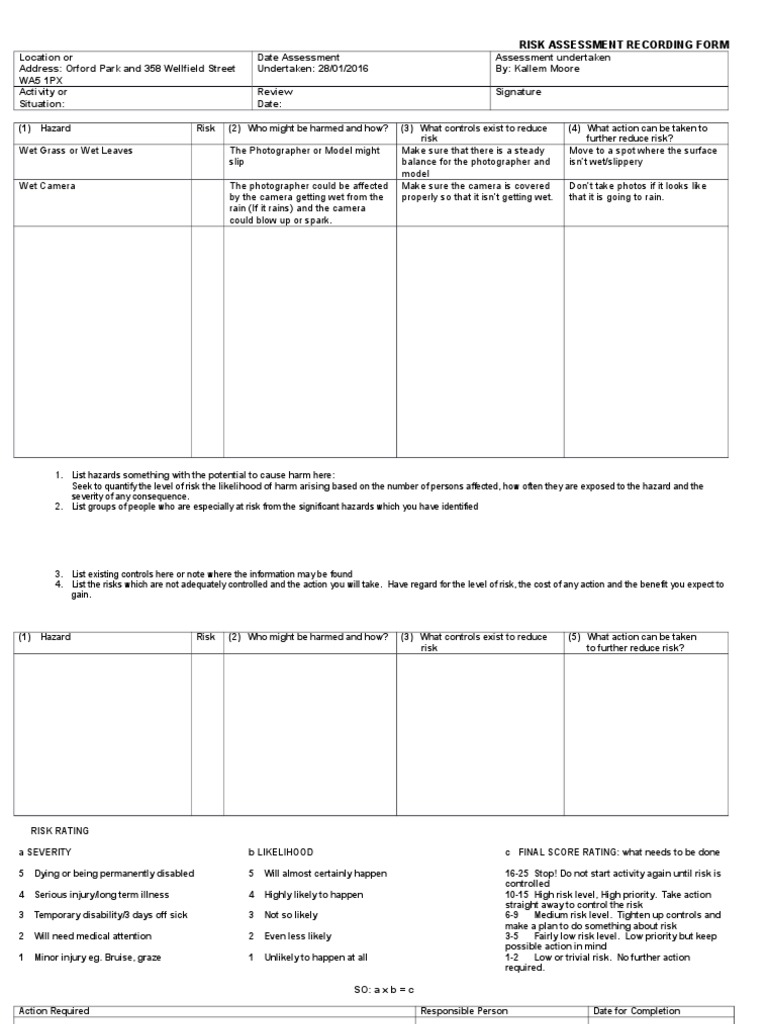 Task 18 - Risk Assessment For Photoshoot | PDF