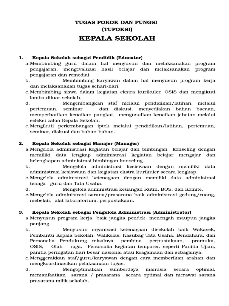 Contoh Tupoksi Kepala Sekolah, Wakasek, PKS Kurikulum | PDF | Karier ...