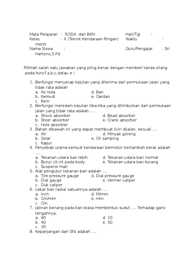Soal Ukk, Rem, Roda Dan Ban | PDF | Olahraga & Rekreasi | Metode & Bahan Ajar