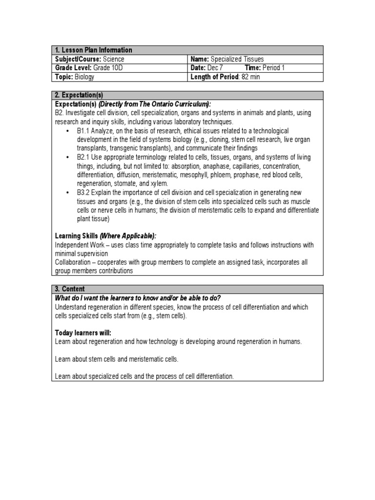 Specialized Tissues Lesson Plan | PDF | Stem Cell | Plant Stem