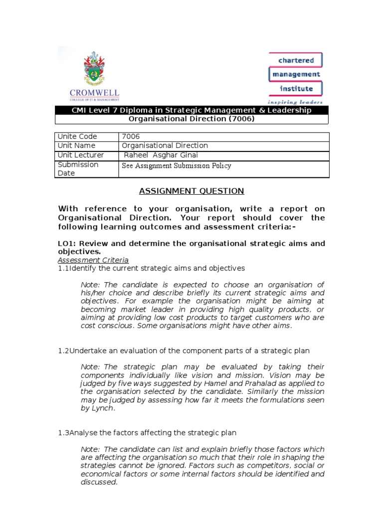 CMI Level 7 Diploma in Strategic Management & Leadership: See Assignment Submission Policy | PDF ...