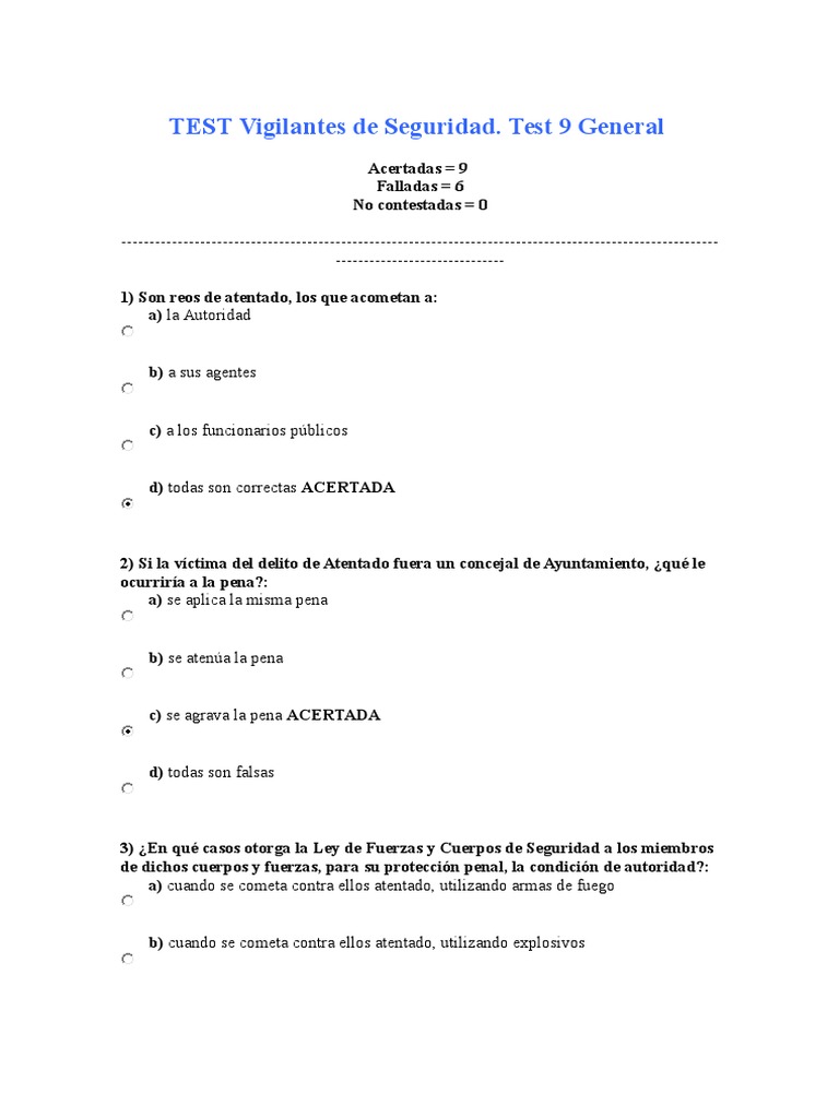 TEST Vigilantes de Seguridad 9 | PDF | Desobediencia civil | Delito