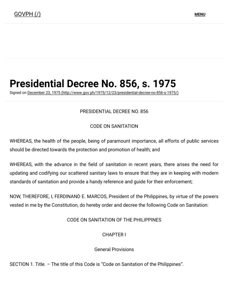 PD 856: Sanitation Code Overview | PDF | Sanitation | Personal ...