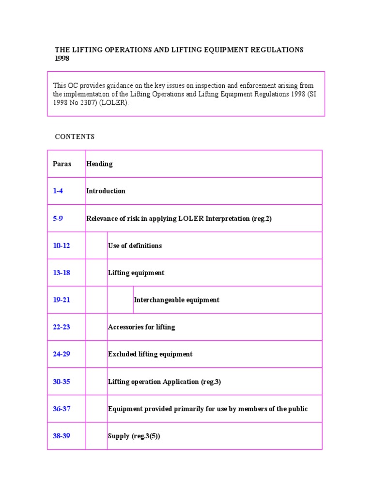 Lifting Operation and Lifting Equipment Regulation - LOLER 98 | PDF ...