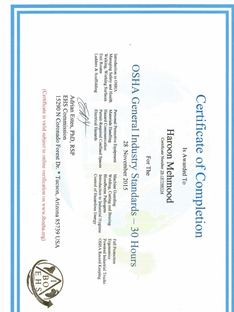 IBOEHS 30 Hours OSHA Certificate | PDF