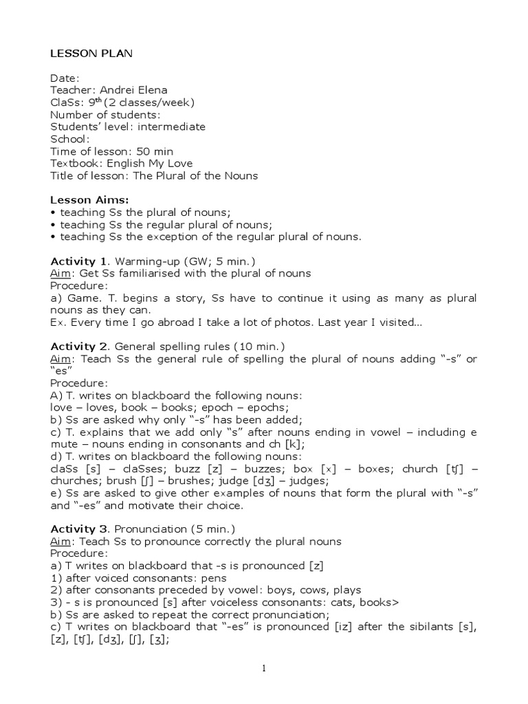 Teaching Noun Plurals: Lesson Plan | PDF | Consonant | English Language