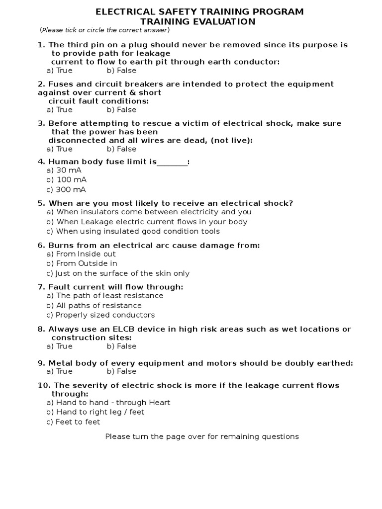 Electrical Safety Awareness Test | PDF | Electric Shock | Electric Current