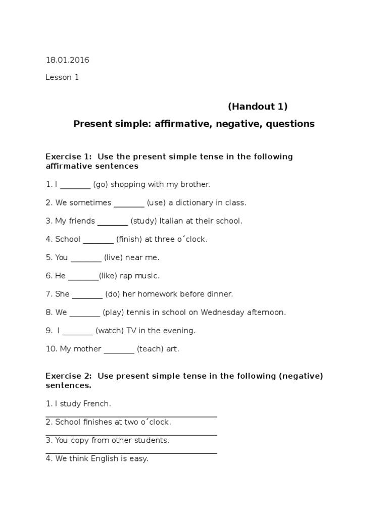 Present Simple Tense Exercises | PDF