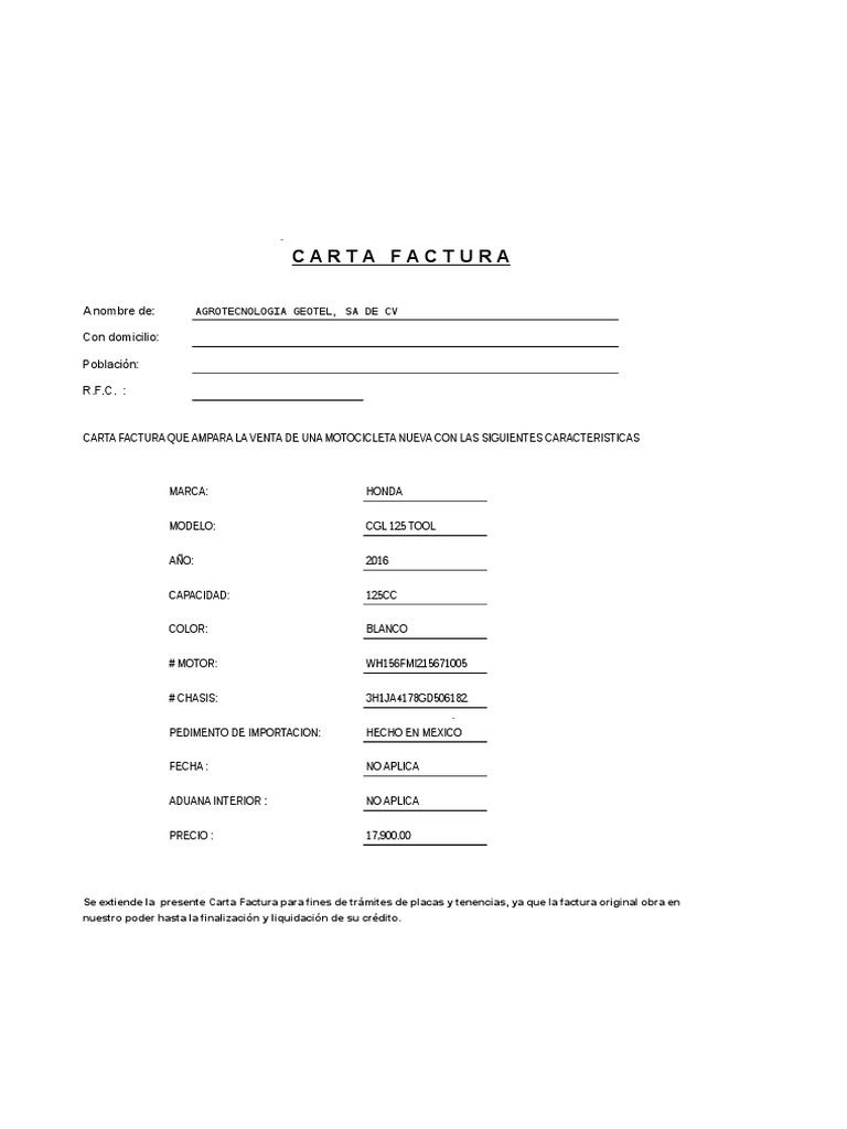 Carta Factura | PDF | Transporte privado | Vehículos terrestres