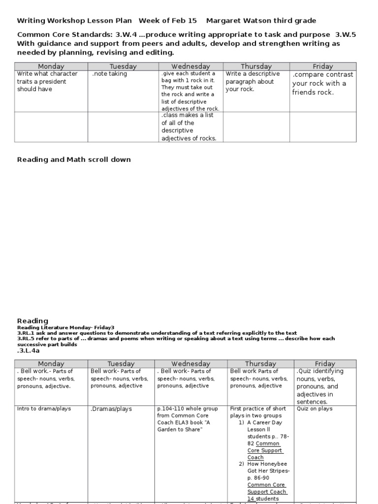 Writing Workshopreading Block and Math Lesson Plan Feb 15 2016 | PDF ...