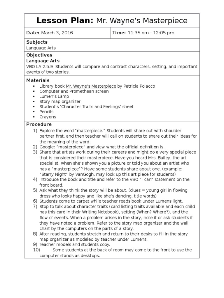 Language Arts Lesson Plan: Masterpiece | PDF | Language Arts & Discipline