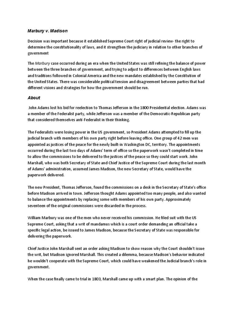 Marbury V Madison | PDF | Marbury V. Madison | Supreme Court Of The ...