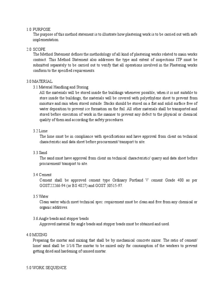 Method Statement Plaster | PDF | Mortar (Masonry) | Manmade Materials