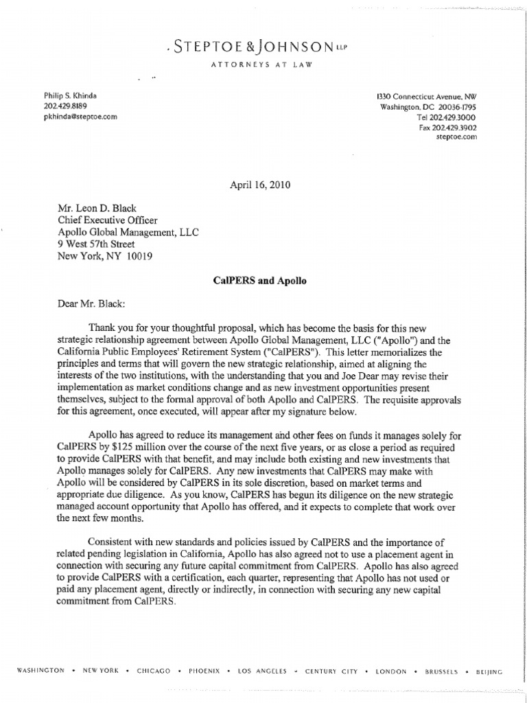 Calpers' Fee Agreement With Apollo Management | PDF