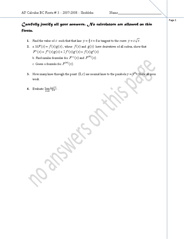AP Calculus BC Derivatives Practice | PDF | Science & Mathematics ...