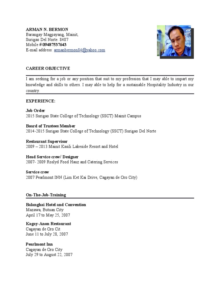 Arman Resume | Download Free PDF | Food And Drink | Hotel And Accommodation