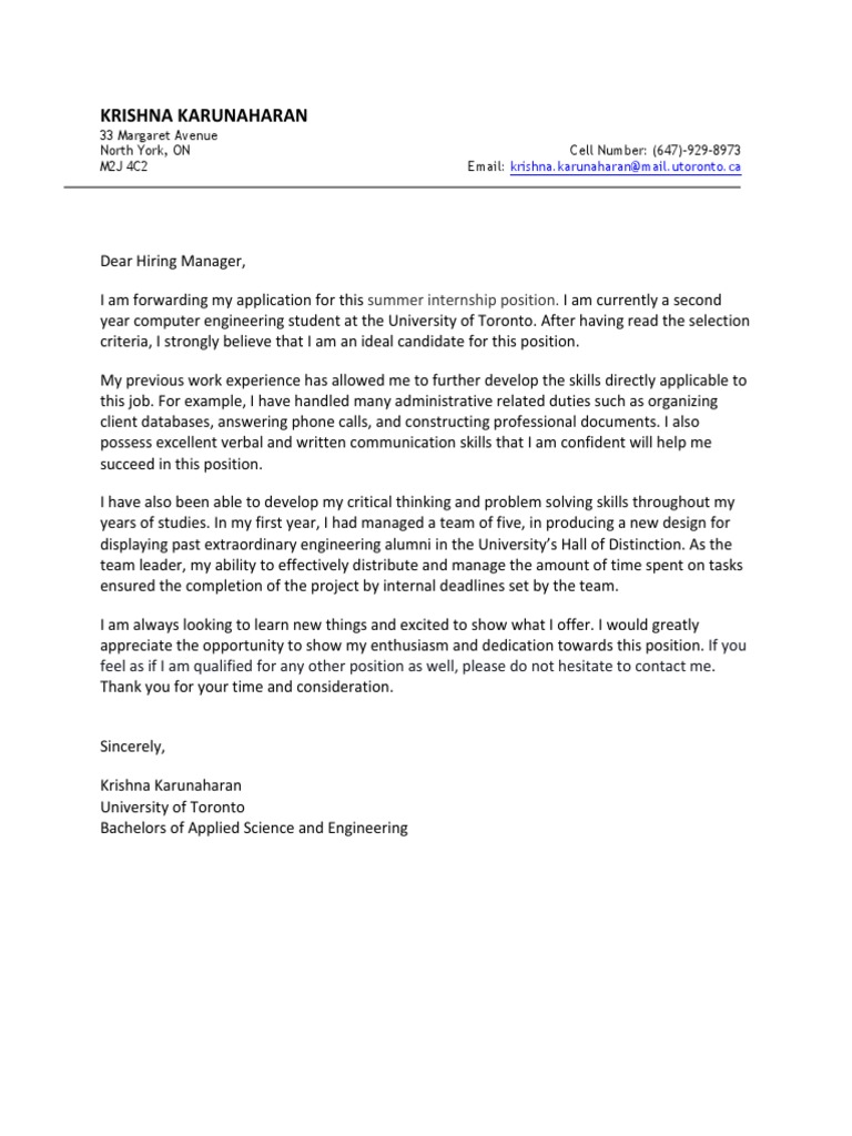 Krishna Karunaharan's Cover Letter:Resume PDF | PDF | Computer File ...
