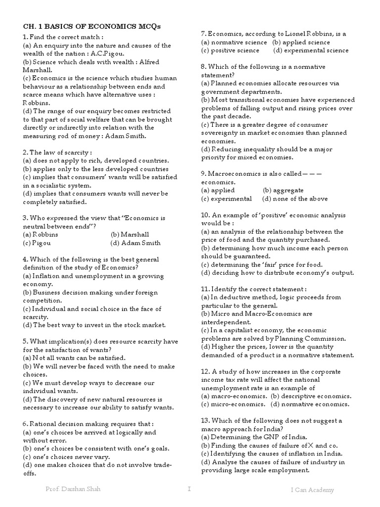 CH 1 Eco MCQs | PDF | Macroeconomics | Economics