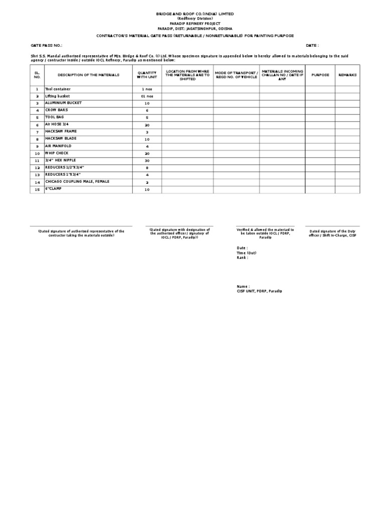 Material Gate Pass Returnable 123 | PDF | Equipment | Manufactured Goods