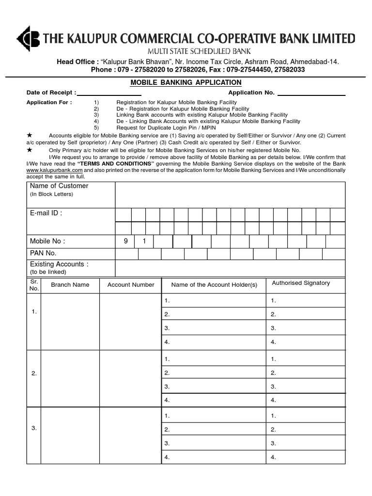 Kalupur Bank Mobile Banking Application Form | PDF | Mobile Phones ...