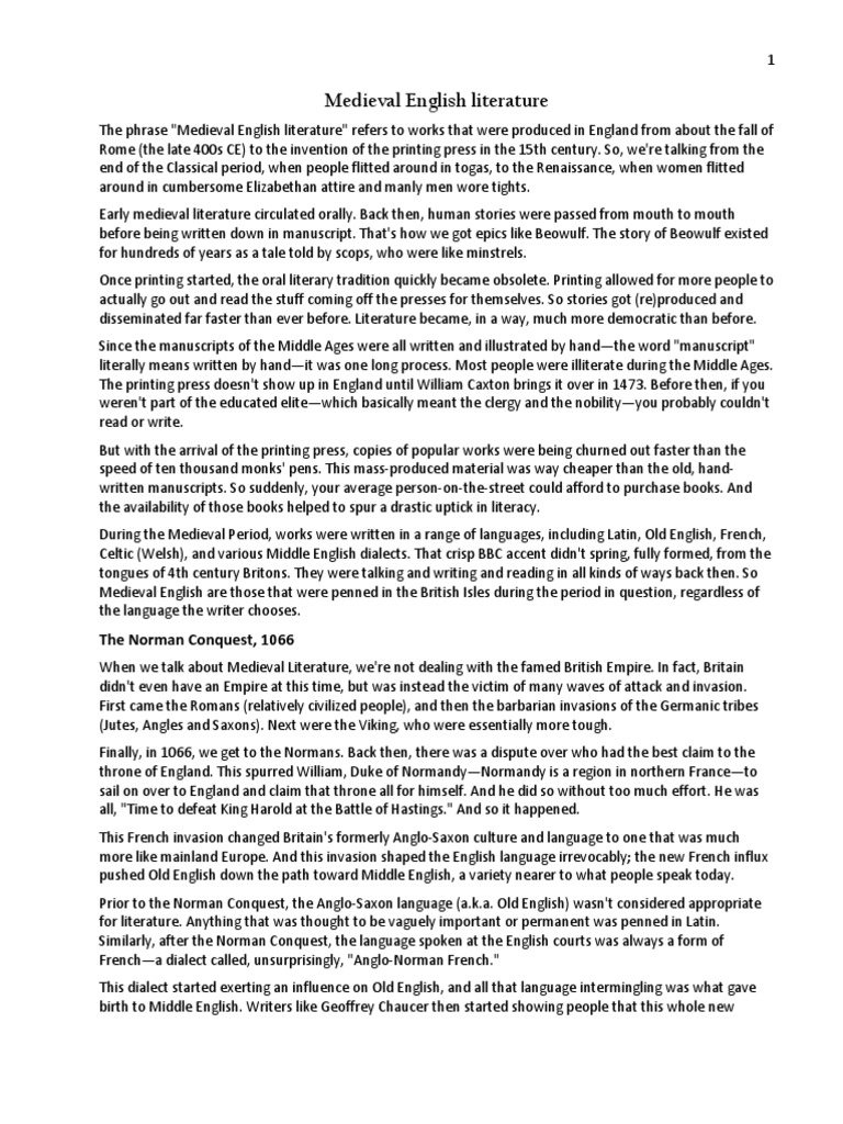 Overview of Medieval English Literature | PDF | Chivalric Romance | The ...