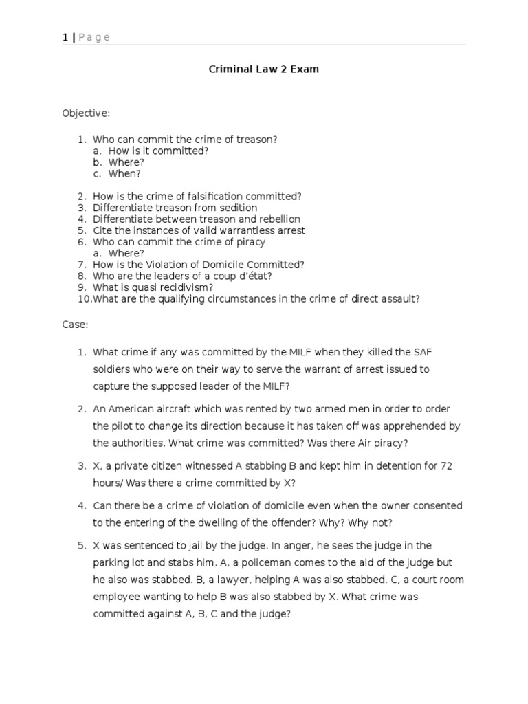 Criminal Law 2 Exam Questions | PDF