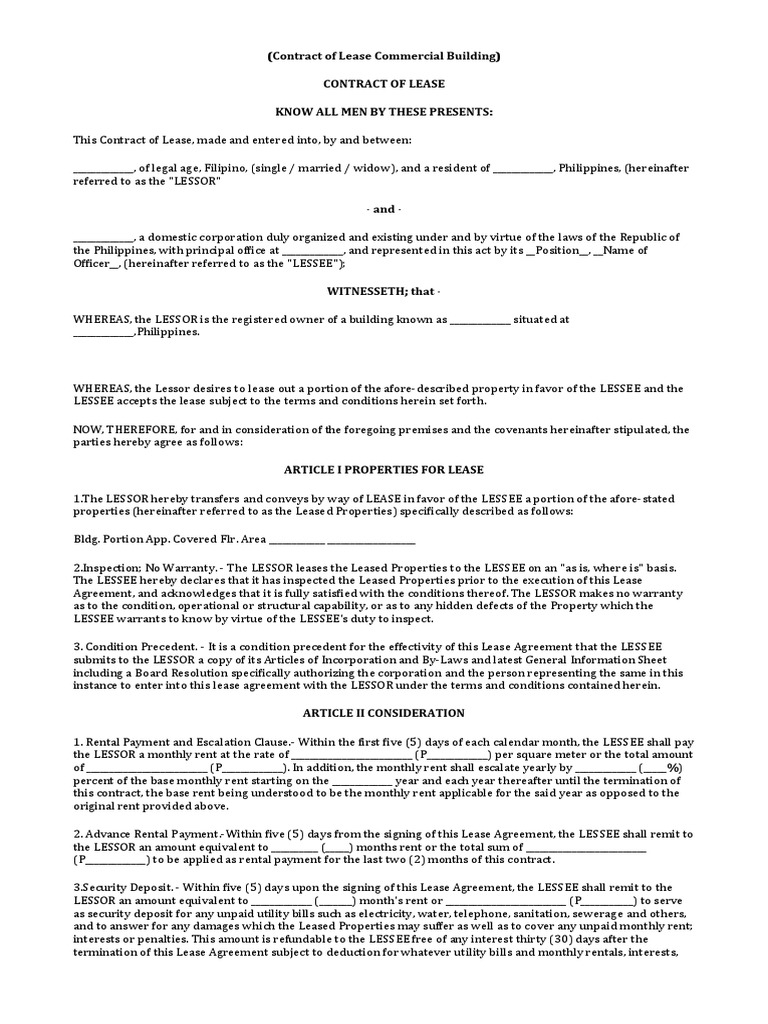Contract of Lease Commercial Building | PDF | Lease | Renting