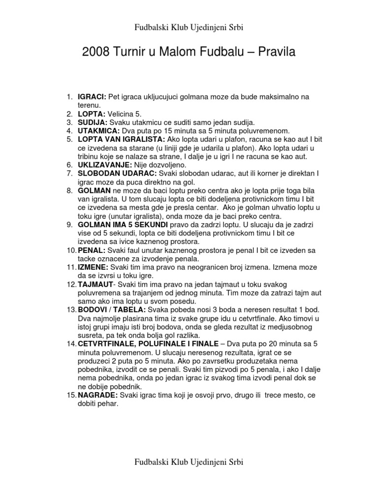 Turnir U Malom Fudbalu Pravila | PDF
