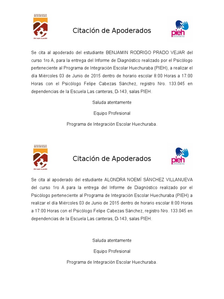 Citación de Apoderados | Escuelas psicologicas | Academia