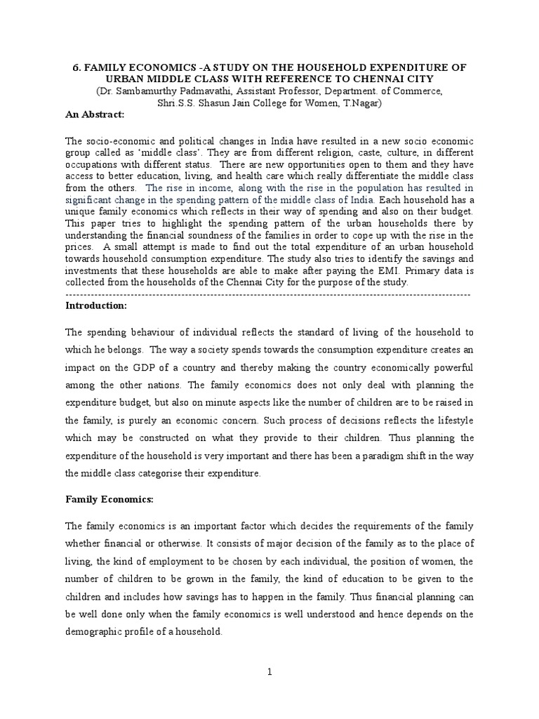 Family Economics - A Study On The Household Expenditure of Urban Middle ...