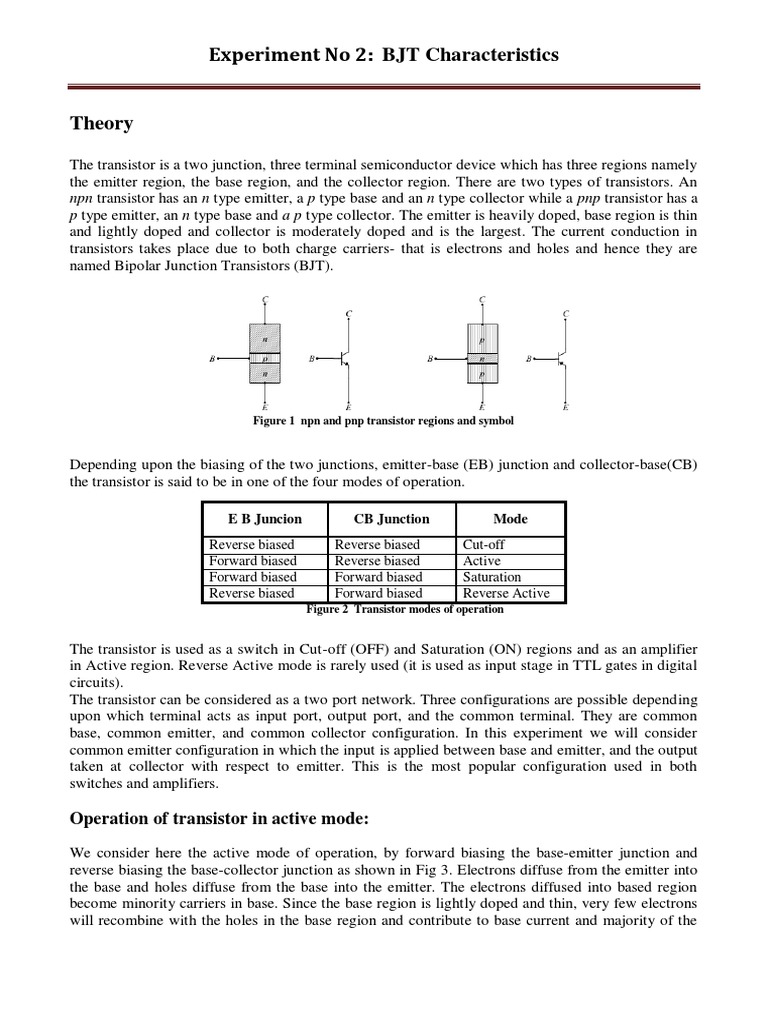 Experiment No 2: BJT Characteristics: Operation of Transistor in Active ...