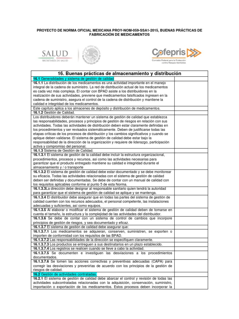 Proyecto NOM-059.Distribucion Cap 16 | PDF | Medicamentos con receta ...
