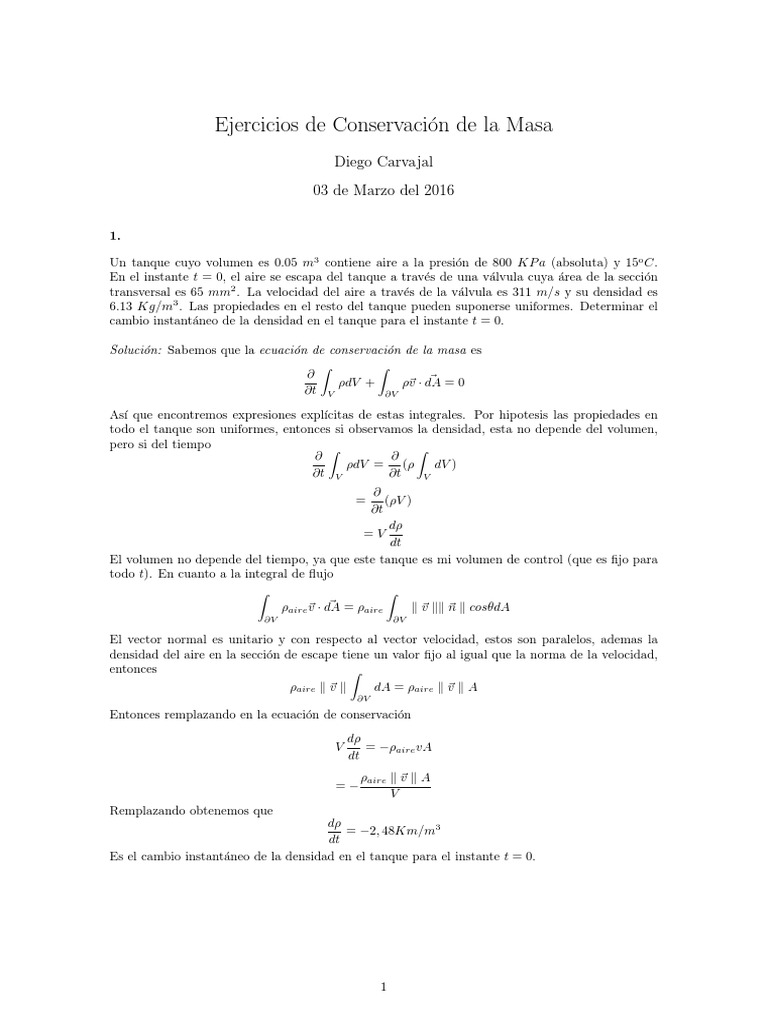 Ejercicios Resueltos de La de Conservación de La Masa | PDF | Integral ...