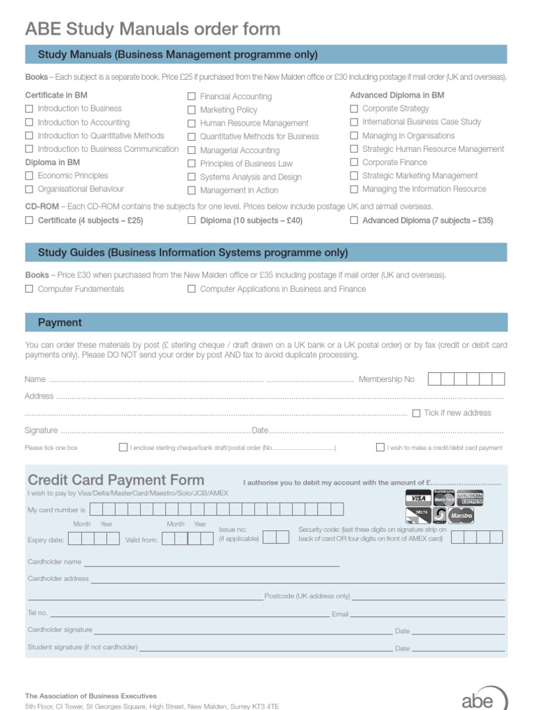 ABE Study Manuals Order Form 2008 | PDF | Credit Card | Debit Card