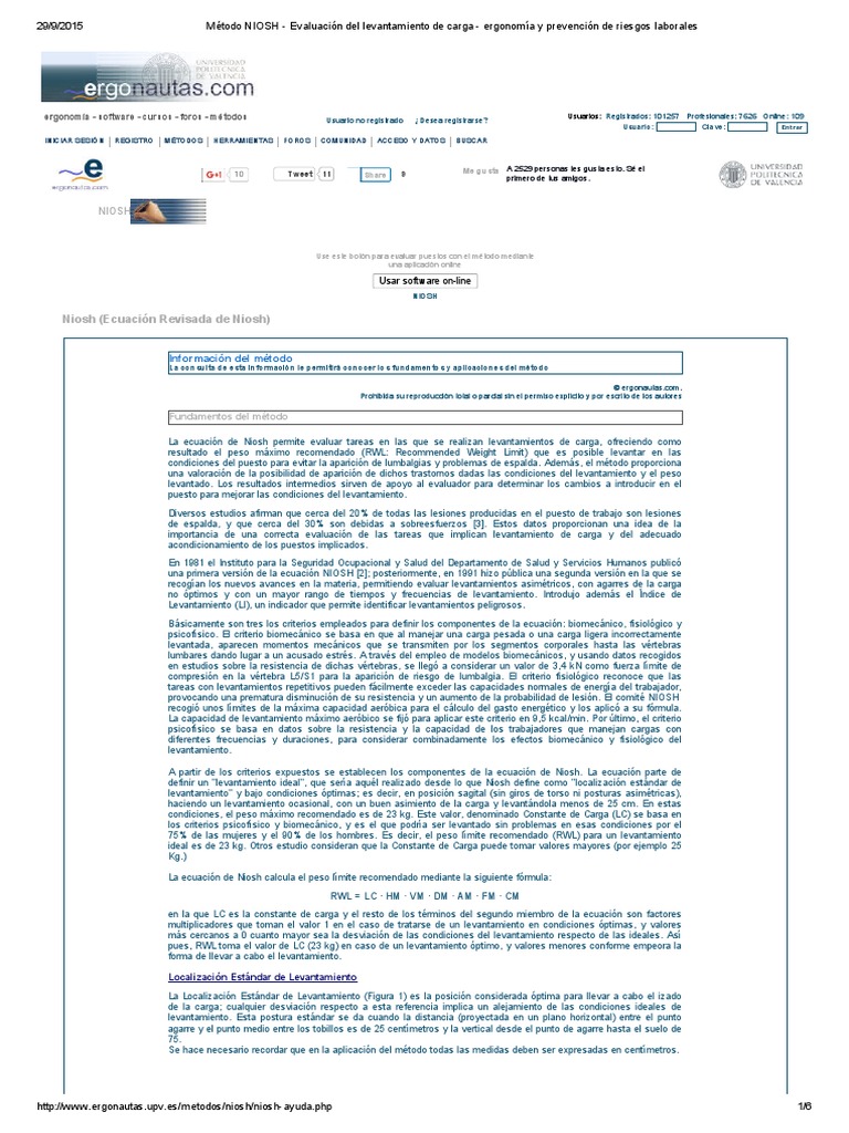 Método NIOSH Evaluación Del Levantamiento de Carga Ergonomía y Prevención de Riesgos Laborales ...