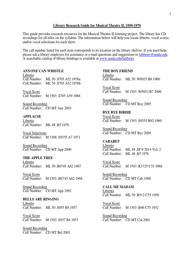 Library Research Guide For Musical Theatre II Final PDF | PDF ...