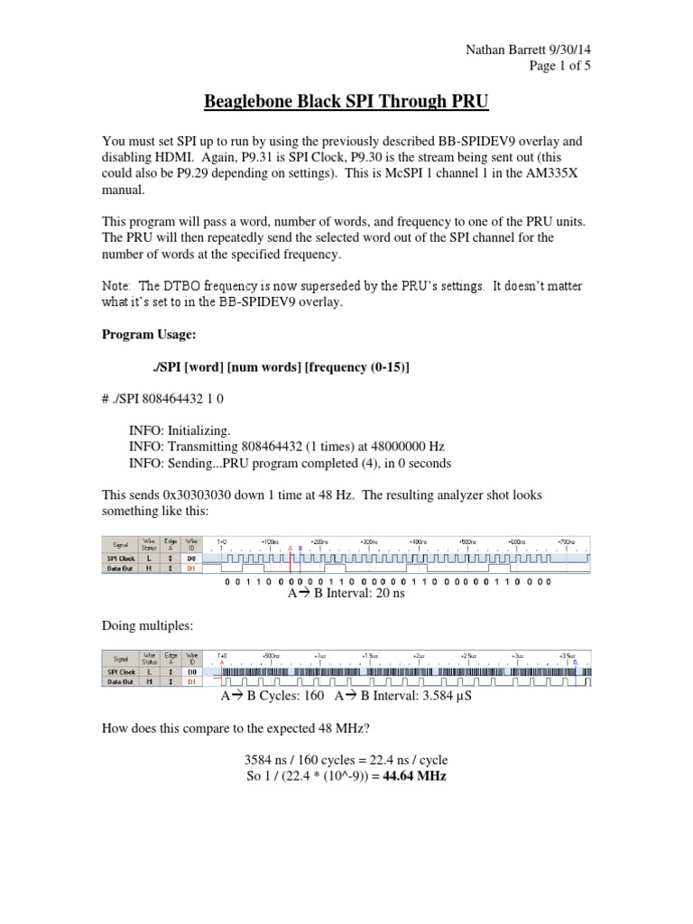 Beaglebone Black SPI Through PRU: Program Usage: ./SPI (Word) (Num Words) (Frequency (0-15 ...