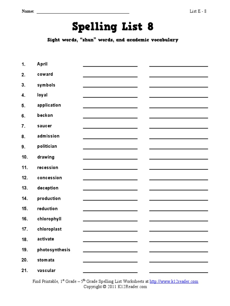 Spelling-Words Week 23 E-8 | PDF